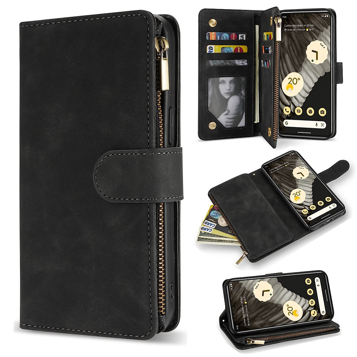 ZZXX for Google Pixel 7 Pro Case Wallet with RFID Blocking Card Slot Premium PU Leather Zipper Flip Folio Wallet with Wrist Strap Kickstand Protective for Google 7 Pro Wallet Case(Black 6.7 Inch)