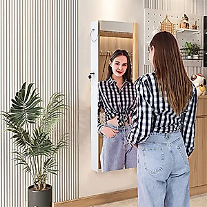 Henf 6 LEDs Mirror Jewelry Armoire Cabinet, Lockable Jewelry Organizer with Full-Length Mirror, Wall/Door Mounted Mirror with Jewelry Storage, Brush Holders,4 Shelves
