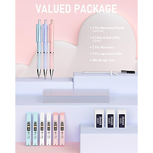 Nicpro 3PCS Pastel Mechanical Pencil Set, 0.9 Mechanical Pencil with 6 Tubes HB Lead 0.9mm, 3PCS Eraser & 9PCS Eraser Refill, Cute School Supplies for Writing, Sketching, Drafting-With Case
