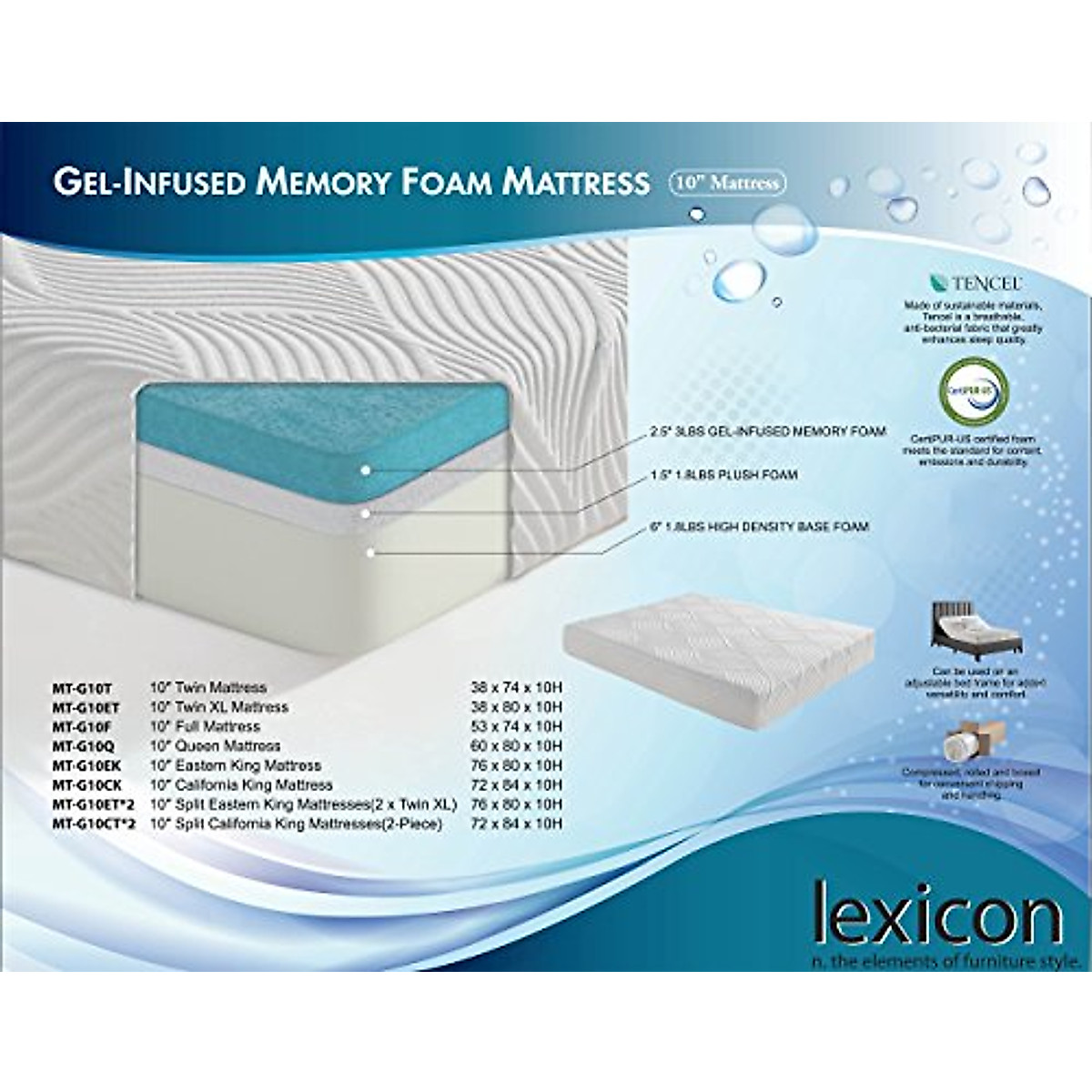 Lexicon Nocturne 10" Gel Infused Memory Foam Mattress, Twin, White