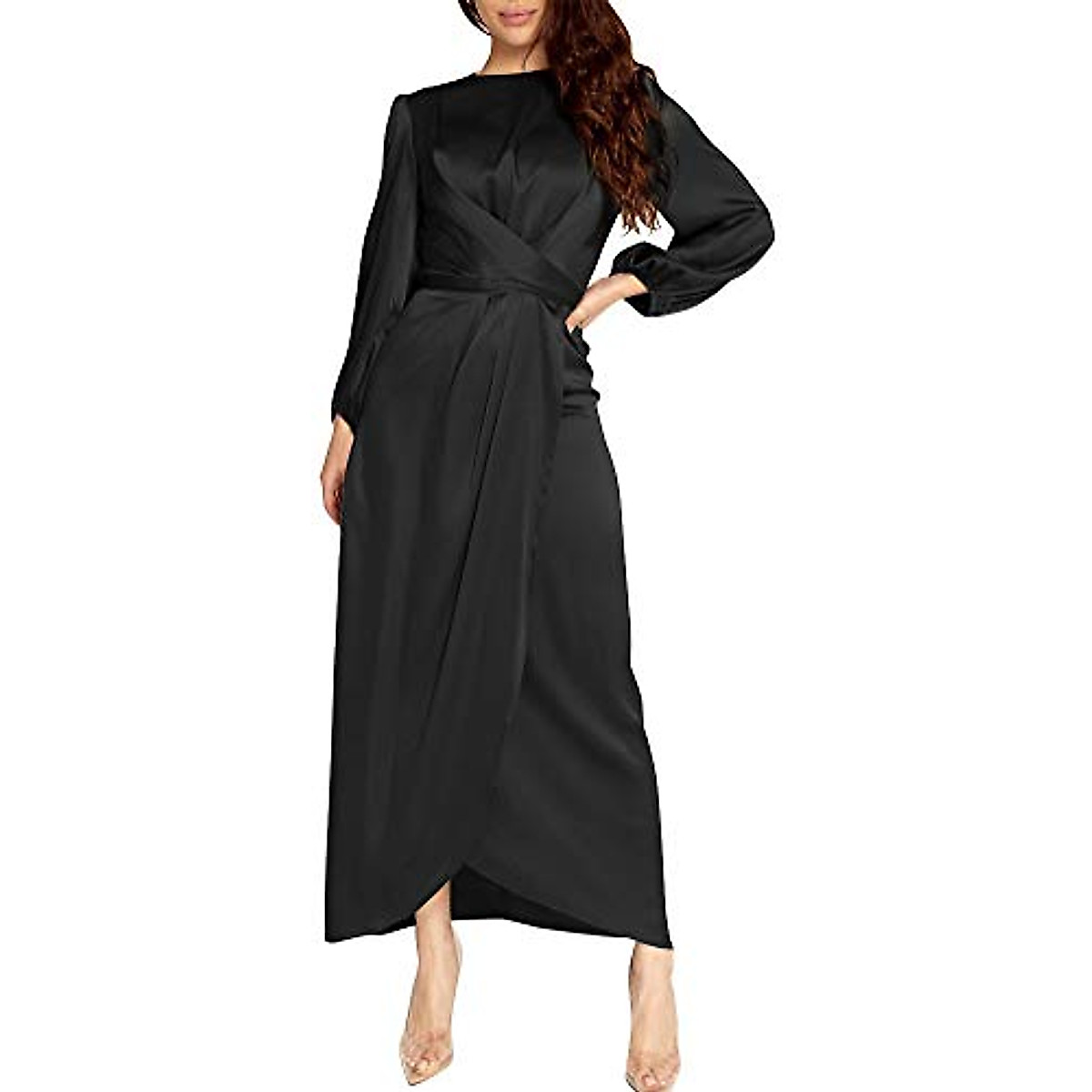 PINUPART Women's Elegant Long Sleeve Wedding Guest Satin Bridesmaid Maxi Dress XLarge Black