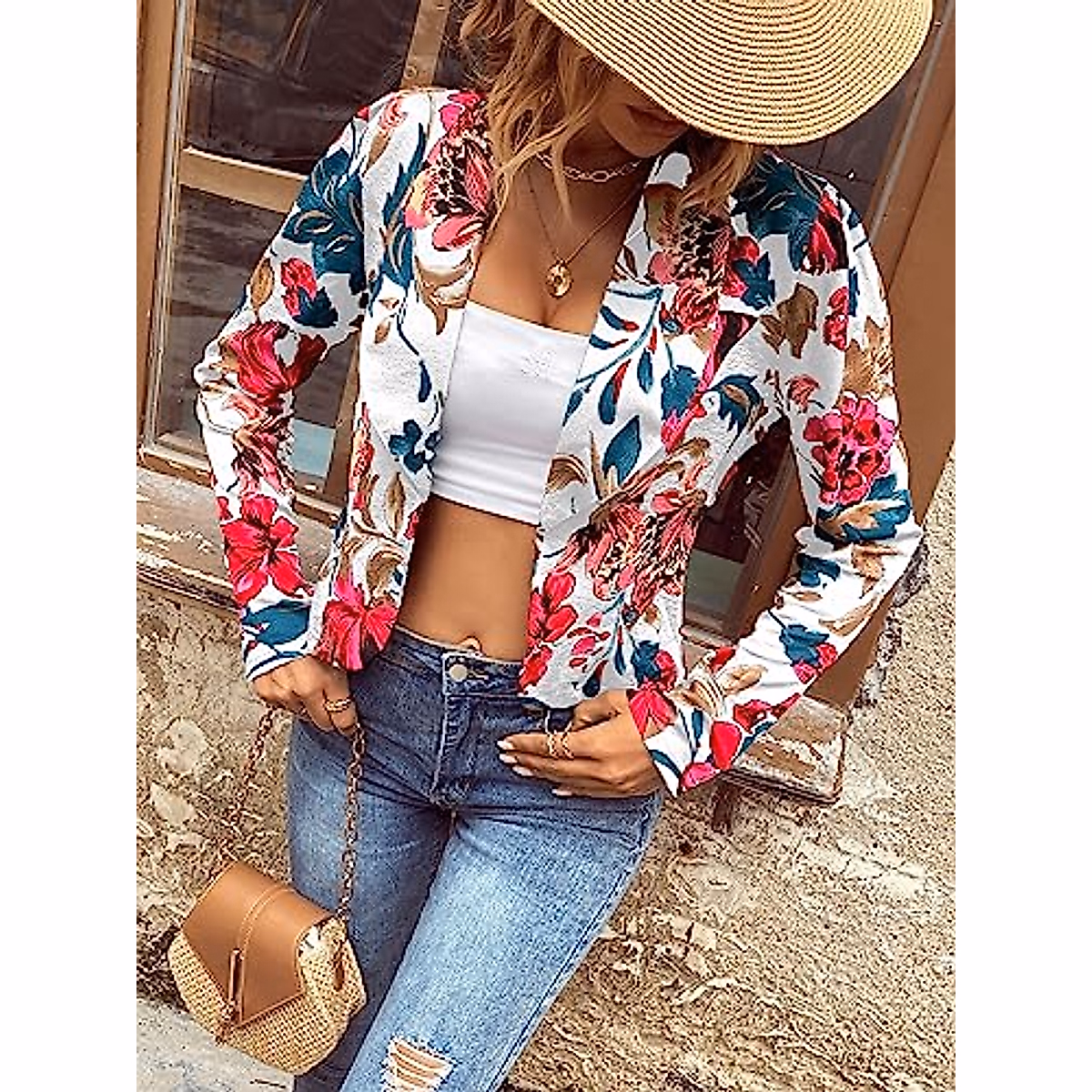 OYOANGLE Women's Floral Print Long Sleeve Blazers Casual Office Work Open Front Cardigan Jacket Blazer White L