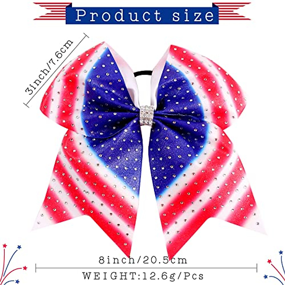 OAOLEER 6 Count USA Cheer Hair Bows, 8In Grosgrain Ribbon Boutique Large Cheerleader Bows with Elastic Tie Band for Competition, Independence Day, Girls, Teens, Kids, Blue / Red / White