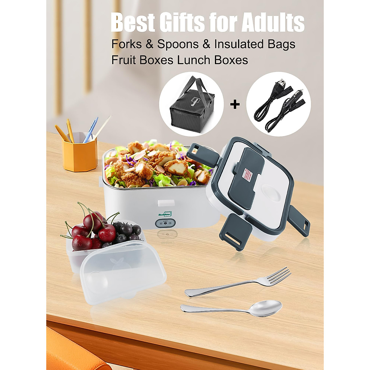 Buddew Electric Lunch Box 70W Food Heater 3 in 1 12V/24V/110-230V Portable Lunch Warmer (1.8L Large-Capacity) Heated Lunch Box for Car/Truck/Home/Office with Carry Bag and Fork and Spoon (Gray)