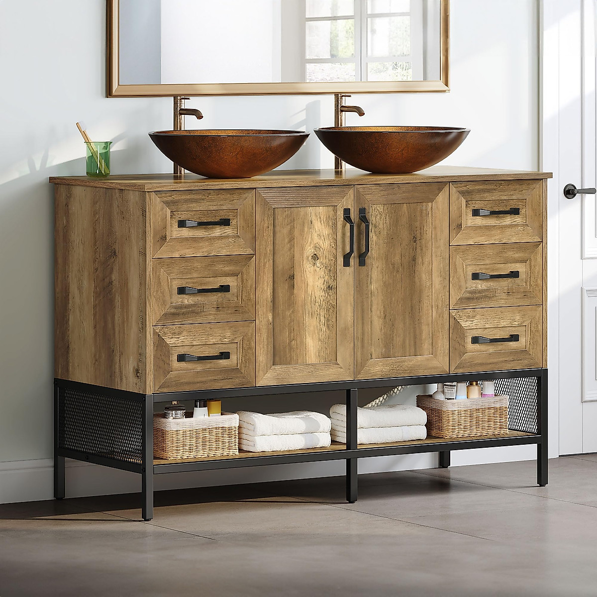 DWVO 48" Double Rustic Bathroom Vanity, Dark Brown Bathroom Vanity with Double Sink and Drawers Side Cabinet Combo Set & Shelf, Iron Wood Bathroom Cabinet with Boat Tempered Glass Vessel Sink