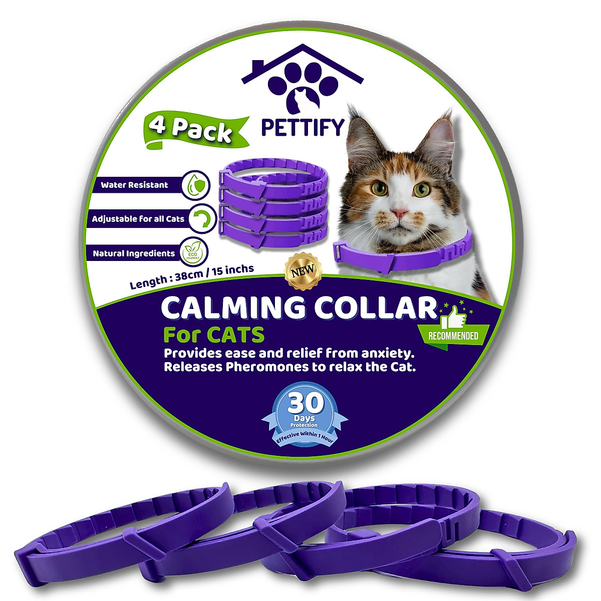 Pettify Calming Collar for Cats 4 Packs | 15 Inches Comfortable Cat Calming Collar | Long Lasting Cat pheromone Collar for Stress and Anxiety Relief, Strong Adjustable Breakaway Design
