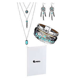 3 Pcs Western Jewelry for Women Bohemian Turquoise Set Turquoise Pendant Necklace Western Dangle Earrings Turquoise Bracelet(Cute Style)
