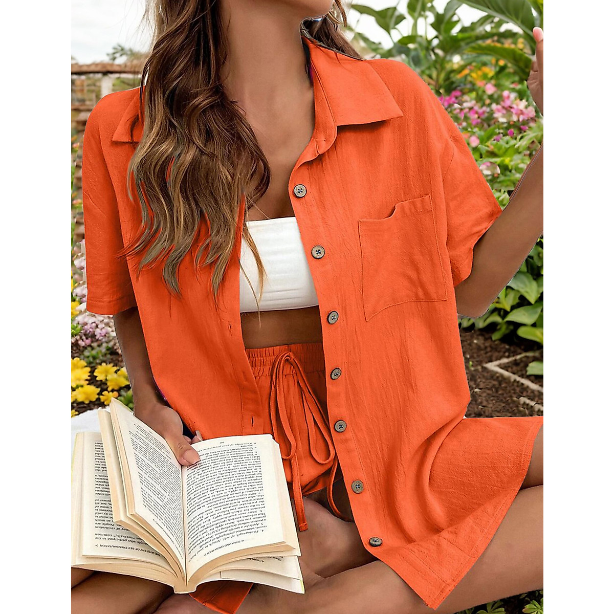 QIBABU Women's Linen Shorts Sets 2 Piece Summer Short Sleeve Top and Shorts Sweatsuit Set Vacation Beach Outfits(1521-Orange-L-QB)