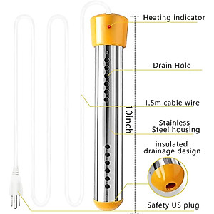 Memoryee Immersion Water Heater Portable Electric Stainless-Steel Heaters with Guard CoverSubmersible Home Instant Water Heater with and for Travel Camping Hot Bathtub Mini Inflatable Pool