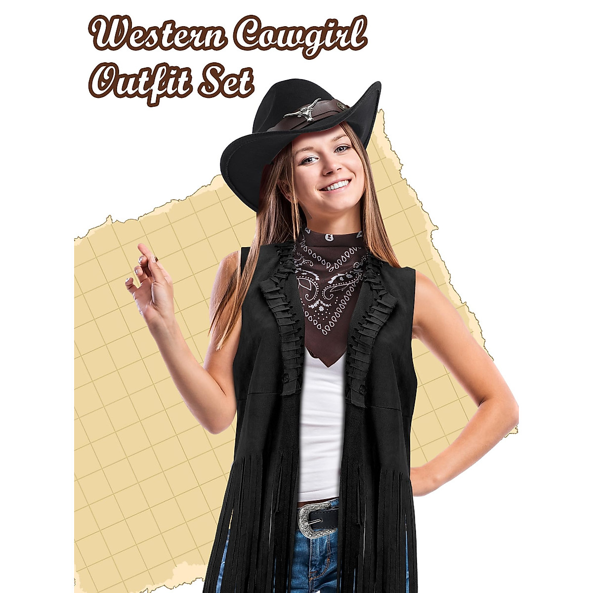 Hercicy Western Outfits for Women Cowgirl Tassel Sleeveless Vest Cowboy Hat Belt and Paisley Bandana for Halloween Dress Up (Black,XL)