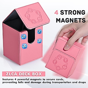 ZLCA Card Deck Box for Trading Cards with 2 Dividers, Card Storage Box Fits 100+ Single Sleeved Cards, PU Leather Strong Magnet Card Deck Case Holder for Magic Commander TCG CCG (Pink)
