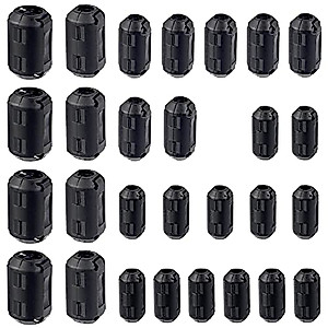 HUAREW 5 Values 28 Pcs Black Clip-on Ferrite Ring Core RFI EMI Noise Suppressor Cable Clip for 3.5mm 5mm 7mm 9mm 13mm Diameter Cable