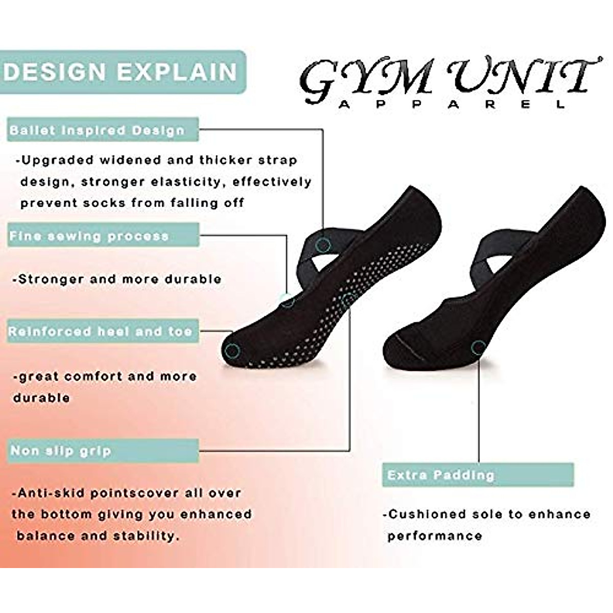 Gym Unit Apparel Non slip sock Bundle, 2 styles, Pilates socks with straps nonslip grip, yoga socks nonslip non skid socks, for Barre, Dance, yoga, Pilates, Ballet, home leisure