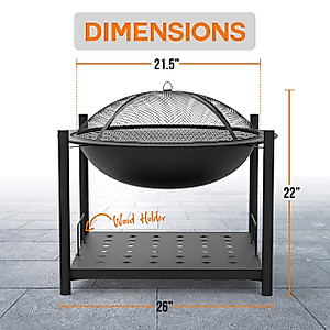 SereneLife Portable Outdoor Wood Fire Pit - 2-in-1 Steel BBQ Grill 26" Wood Burning Fire Pit Bowl w/ Mesh Spark Screen, Cover Log Grate, Wood Fire Poker for Camping, Picnic, Bonfire SLCARFP54.5