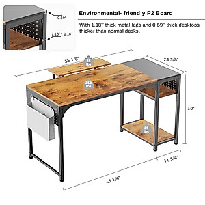 DESIGNA 55 Inch Home Office Computer Desk with Monitor Stand Storage Shelves, Study Writing Moder PC Computer Gaming Desk Large Workstation with 2 Hooks & Storage Bag,Easy Assembly，Rustic Brown/Black