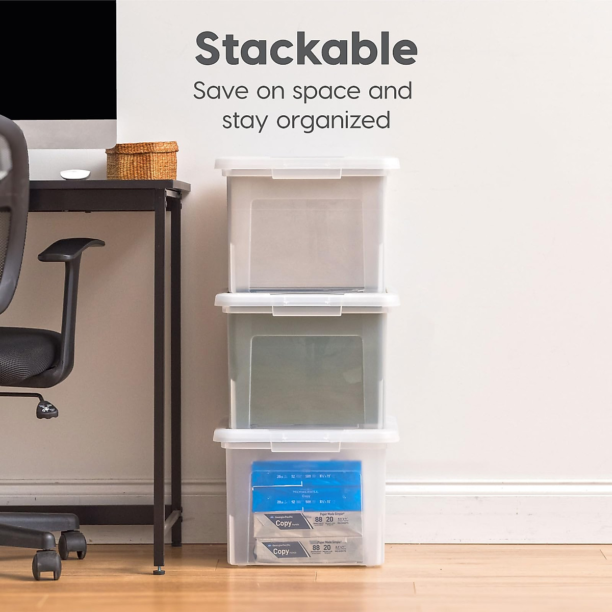 IRIS USA Letter & Legal Size Plastic Storage Bin Tote Organizing File Box with Durable and Secure Latching Lid, Stackable and Nestable, 4 Pack, Black