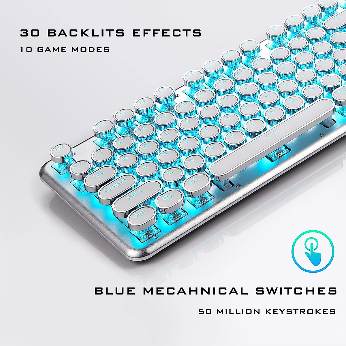 Alkem Mechanical Gaming Keyboard with 30 LED Backlits White Retro Typewriter Keyboard Full-Size 104 Keys USB Wired Retro Steampunk Keyboard Blue Switch Ergonomic Keyboard Metal Panel (Silver)