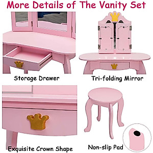 GIMMYFIVE Pretend Play Kids Vanity Set with Mirror and Stool,Kids Wooden Play Vanity Set with Vanity Table with Lights, Tri-Fold Mirror, Storage Drawer for Toddlers
