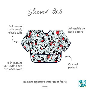 Bumkins Sleeved Baby or Toddler Bib, Smock, Waterproof Fabric, Fits Ages 6-24 Months, Disney Mickey Mouse Classic