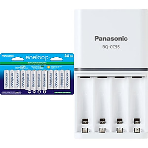 Eneloop Panasonic BK-3MCCA16FA AA 2100 Cycle Ni-MH Pre-Charged Rechargeable Batteries & BQ-CC55SBA Advanced Individual Battery 3 Hour Quick Charger with 4 LED Charge Indicator Lights, White