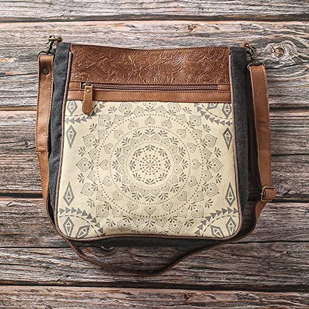 ANNGOTI Canvas & Cowhide Shoulder Bag for Women, Vintage Style with Genuine Leather, Handmade Print Crossbody Bag with Zipper Top & Adjustable Strap