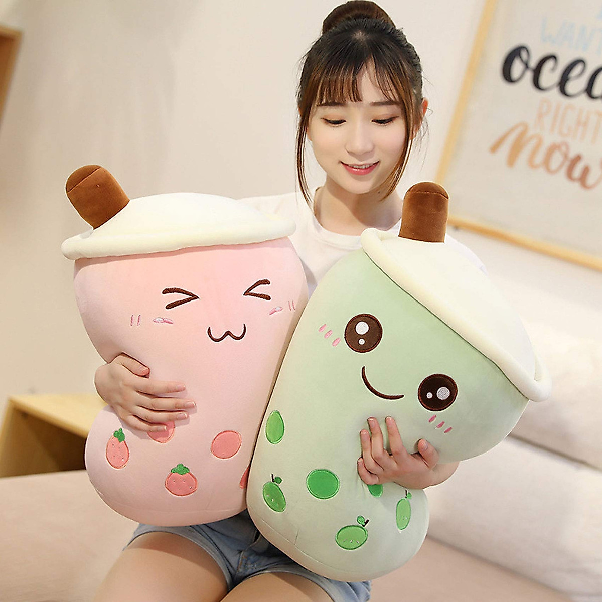 Cartoon Tea Plush Pillow,Plush Boba Figurine Toy,24/35 cm Cute Bubble Tea Cup Shaped Pillow with Suction Tubes (Pink, Large)