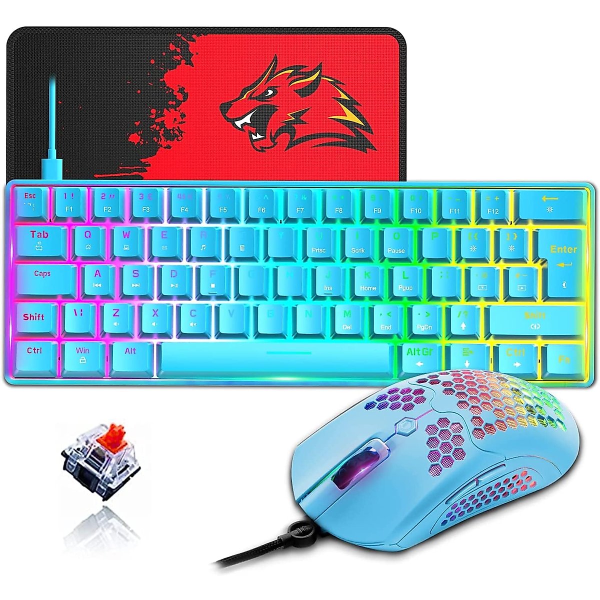 SELORSS ZIYOULANG T60 60% Compact Mechanical Gaming Keyboard RGB Chroma Type C Ergonomic Mini Keyboard UK Layout 12000DPI Gaming Mouse Honeycomb Shell for PC/PS4/PS5/Xbox(Red Switch)