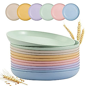SGAOFIEE 12 PACK 9 Inch Lightweight Wheat Straw Plates, Unbreakable Deep Dinner Plates, Plastic Plates Reusable, Assorted Colors Dinnerware Sets, Microwave & Dishwasher Safe