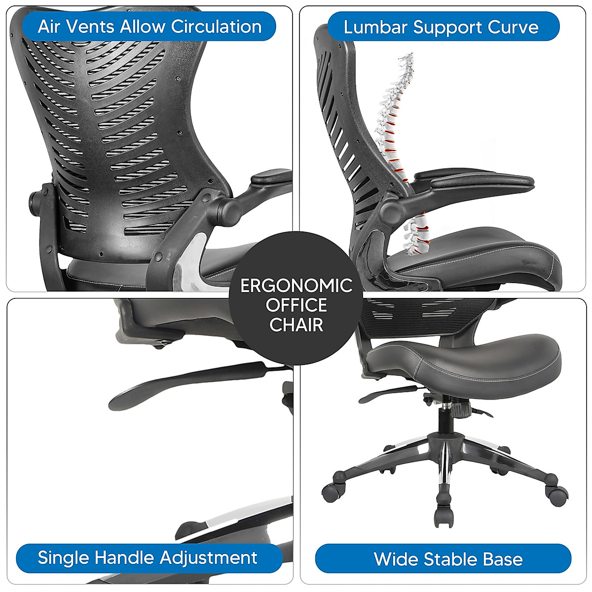 OFFICE FACTOR Executive Ergonomic Office Chair Back Mesh Bonded Leather Seat Flip-up Arms Molded Seat with a 55kg Foam Density Double Handle Mechanism You Can Lock The Back in Any Position (Black)