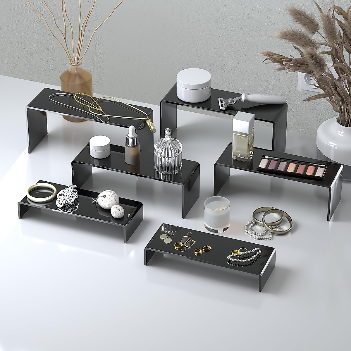 Goabroa Black Acrylic Display Risers, 3 Tiers 2 Set (6 Pcs) Acrylic Shelves Organizer Display Stand, Conutertop Desktop Acrylic Display for Decoration and Organizer