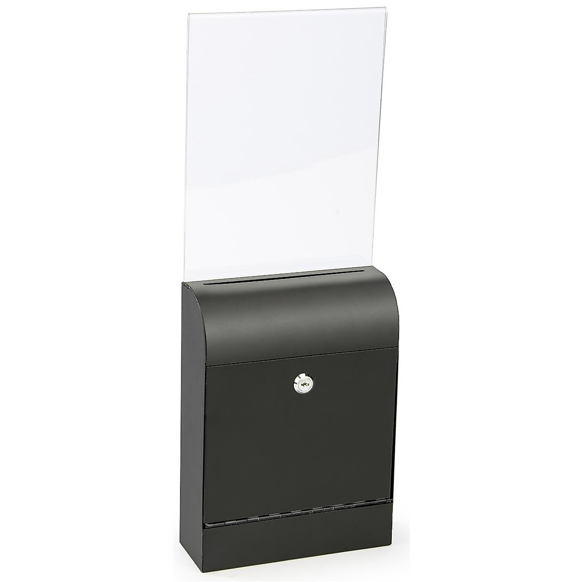 Donation Box, Metal, Slim Profile, Locking, Holder for 8.5" x 11" Sign, Hardware Included (Black Metal)