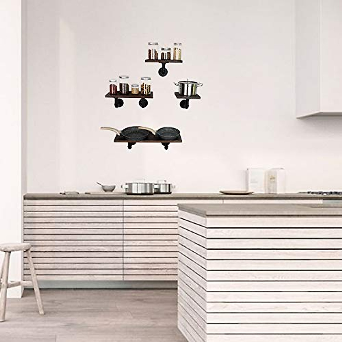 MANTE BLONG QTSARTISAN 24-Inch Industrial Pipe Floating Shelves Wall Mounted, Rustic Wood Wall Shelves Set of 4 for Bedroom, Bathroom, Living Room, Kitchen,Office and More (4 Shelves, Brown)