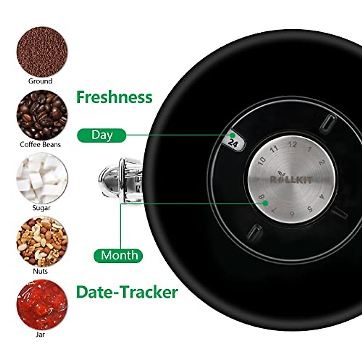 RollKit Coffee Canister Airtight Storage Containers for Beans Grounds, Stainless Steel Flavor-Saving Holder for Tea Jar w/Date Tracker, CO2 Release Valve, Airtight Lid, Scoop - Medium 16oz, Gray