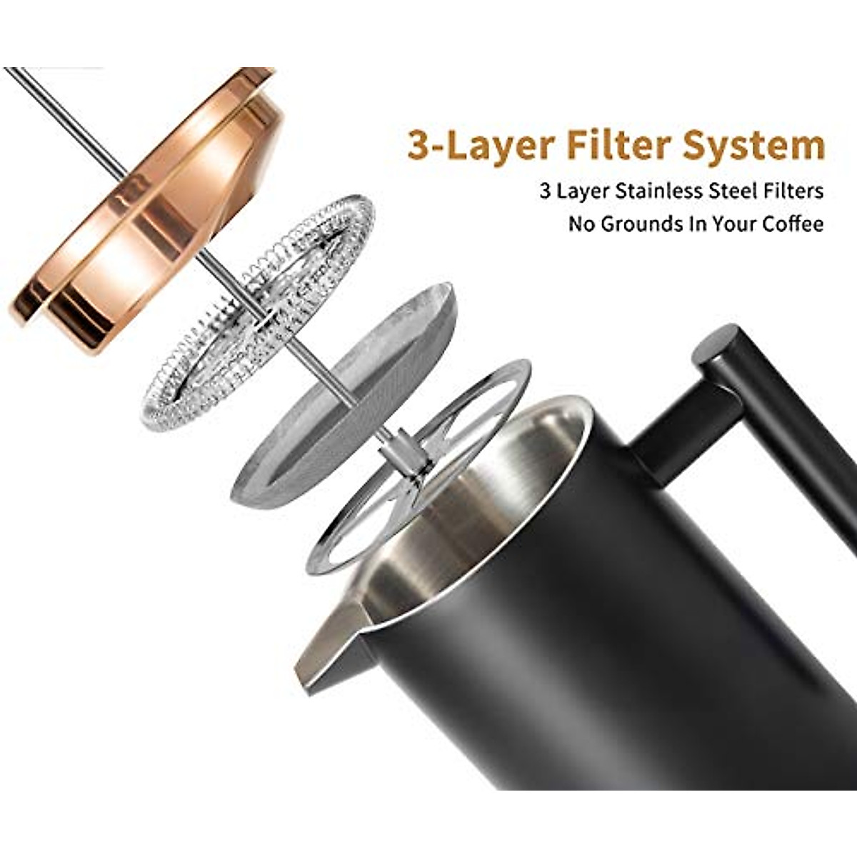 Meelio Black French Press Coffee Maker 12oz, Stainless Steel Double Wall Insulated Coffee Press with Rose Gold Metal Lid, Included 2 Extra Screens and 1 Coffee Spoon, 350ml