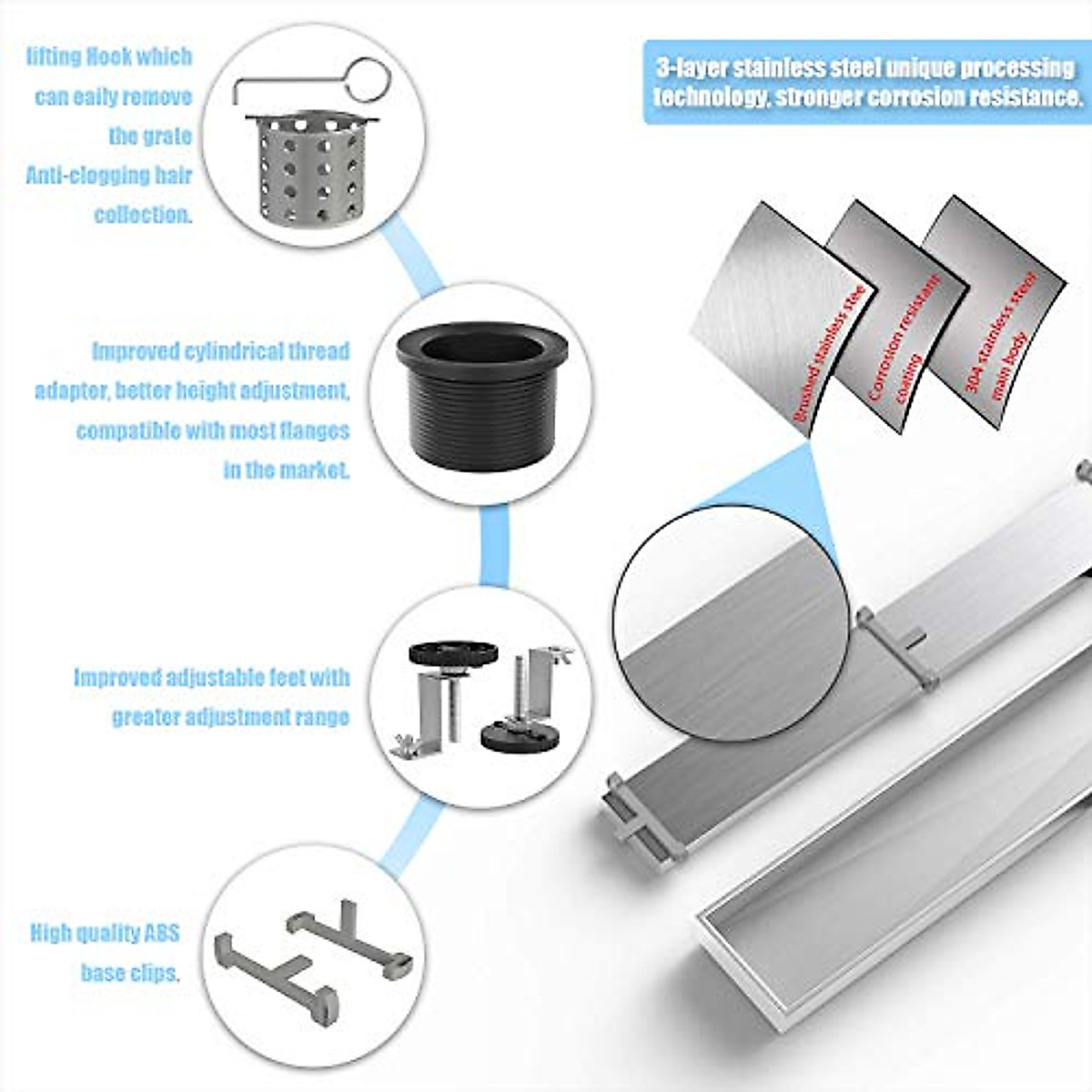 YEFU 2 IN 1 Linear Shower Drain 24-Inch, New type Linear Drains, 304 Stainless Steel Shower Floor Drain with Tile Insert Grate, Adjustable Leveling Feet, Hair Strainer