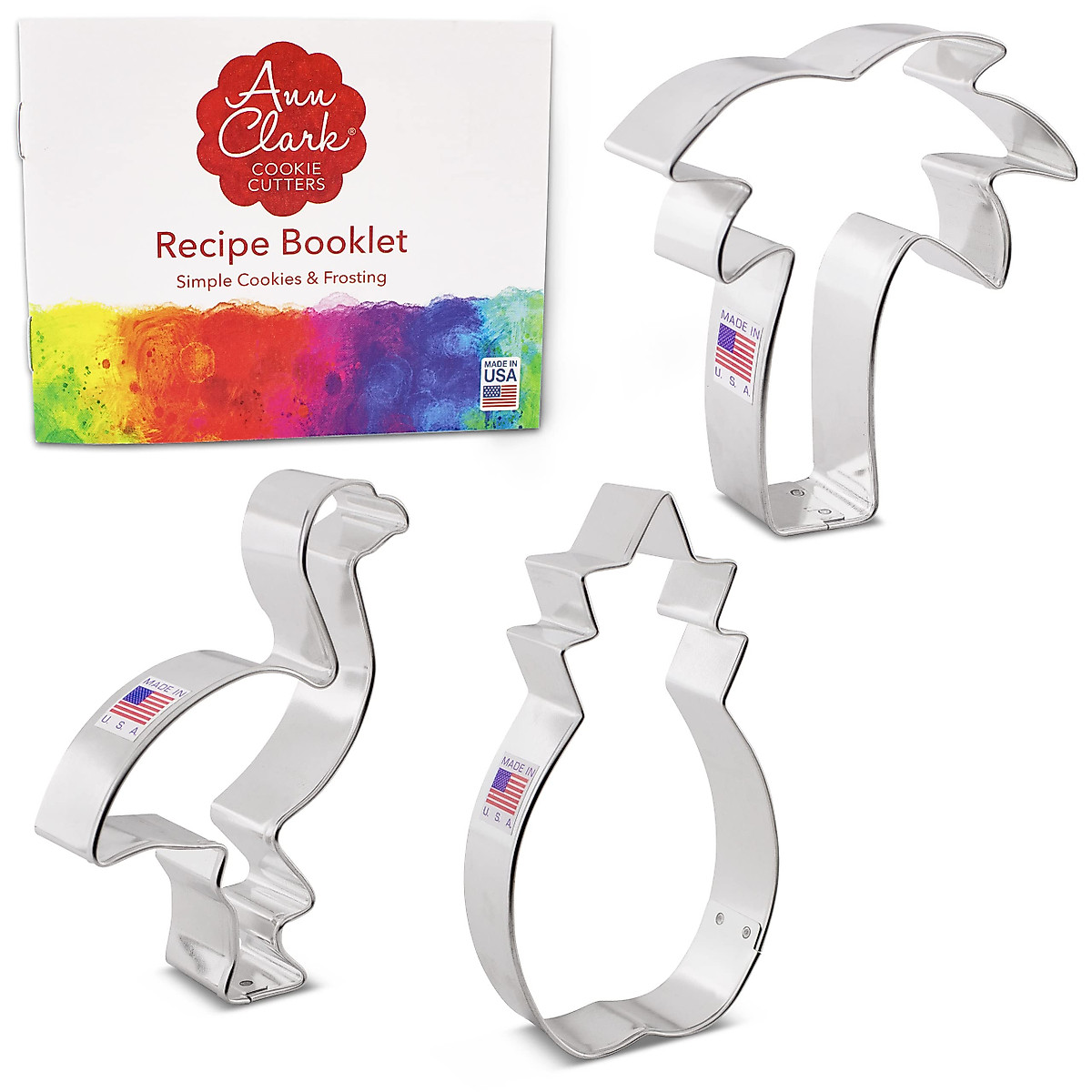 Tropical Hawaiian Cookie Cutters 3-Pc. Set Made in USA by Ann Clark, Pineapple, Palm Tree, Flamingo