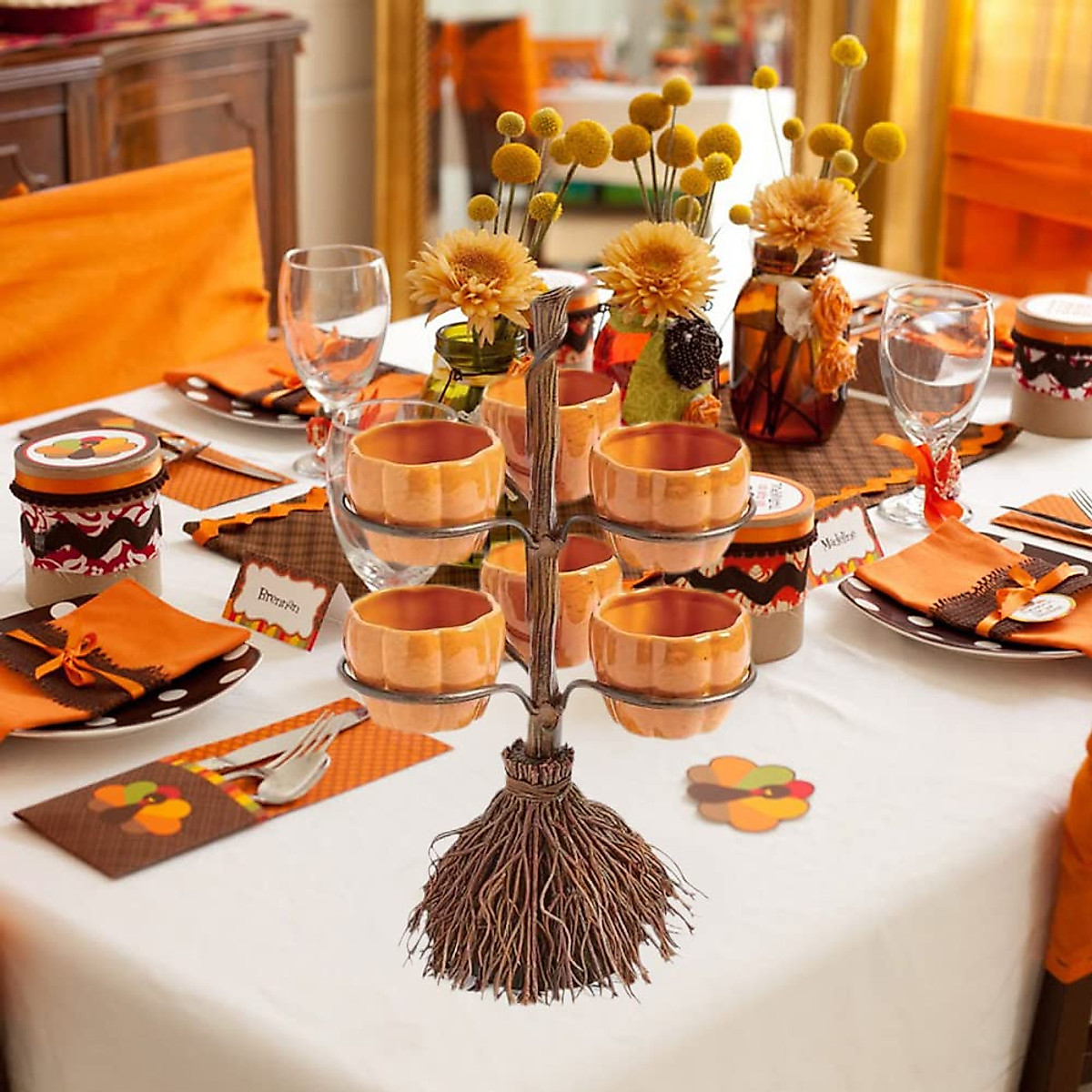 LIANGLIDE Halloween Pumpkin Snack Bowl Stand Halloween Candy Bowl Collapsible Party Trays Pumpkin Bowls on Broom for Serving Snacks Salad Dessert Halloween Party Decorations