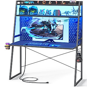 Besiost Small Gaming Desk with Hutch and LED Lights, Gaming Computer Desk with Power Outlets, Gamer Desk with Storage Shelves, PC Gaming Desk with Pegboards for Bedroom Small Spaces, Black, 43"