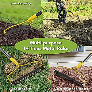 Garden Rake,14 Tines Heavy Duty Bow Rake for Lawns,73 Inch Long Handle Leaf Rake for Loosening Soil…