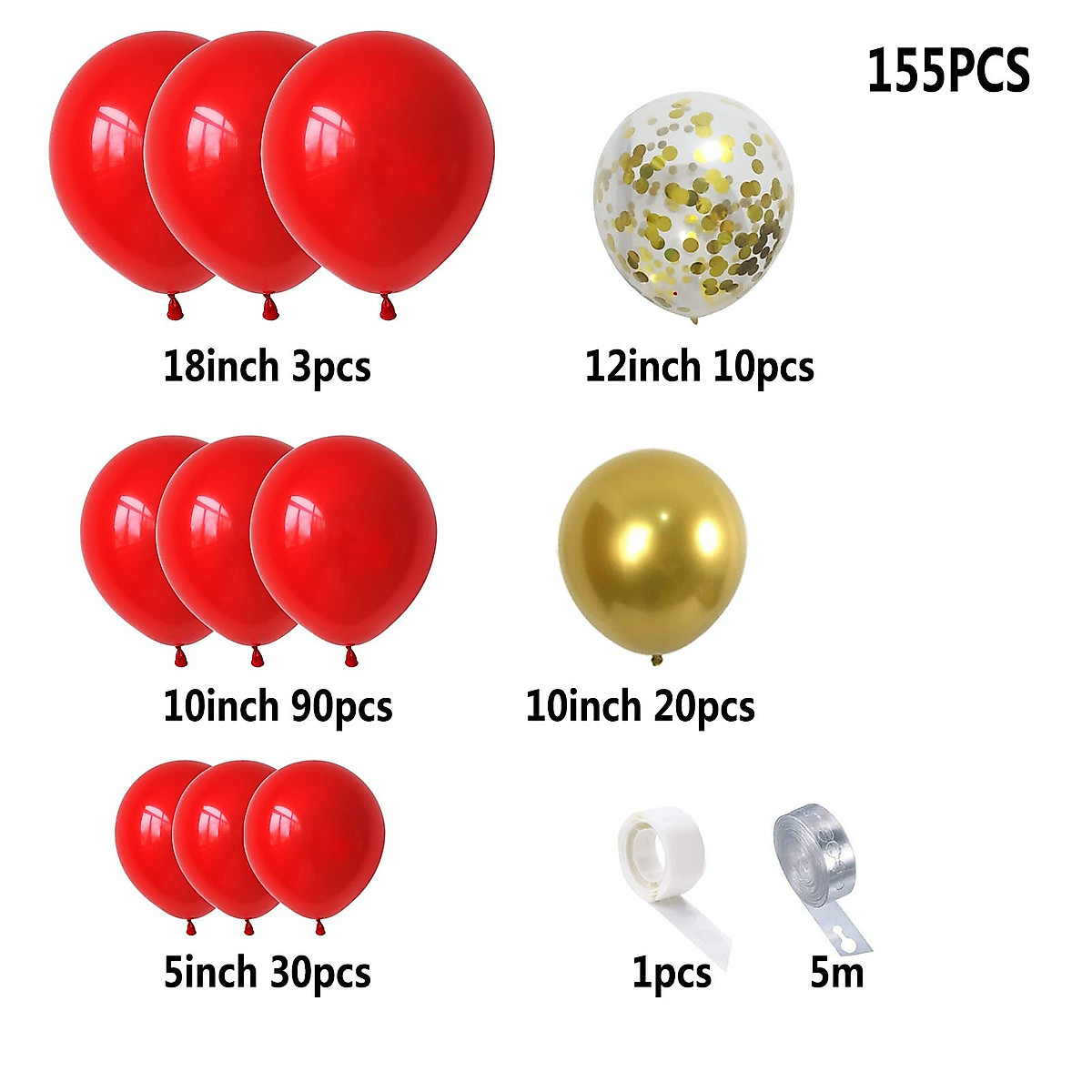 155pcs Red Gold Balloon Garland Kit for Graduation Wedding Birthday Baby Shower Party Decoration