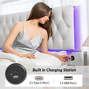 EcoHarbor Lift up Storage Bed Queen with LED Lights & Charging Station High Adjustable Headboard 51.25'' with Velvet Button Tufted Upholstered Hydraulic Bed Noise-Free/No Box Spring Needed (White)