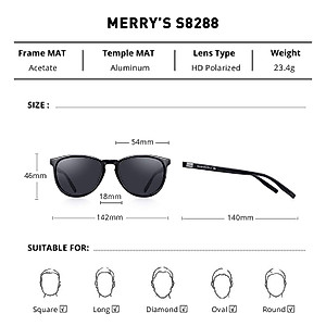 MERRY'S Polarized Sunglasses for Women Men Vintage Retro Classic Round Frame Aluminum Legs S8288 (Black&Black, 54)