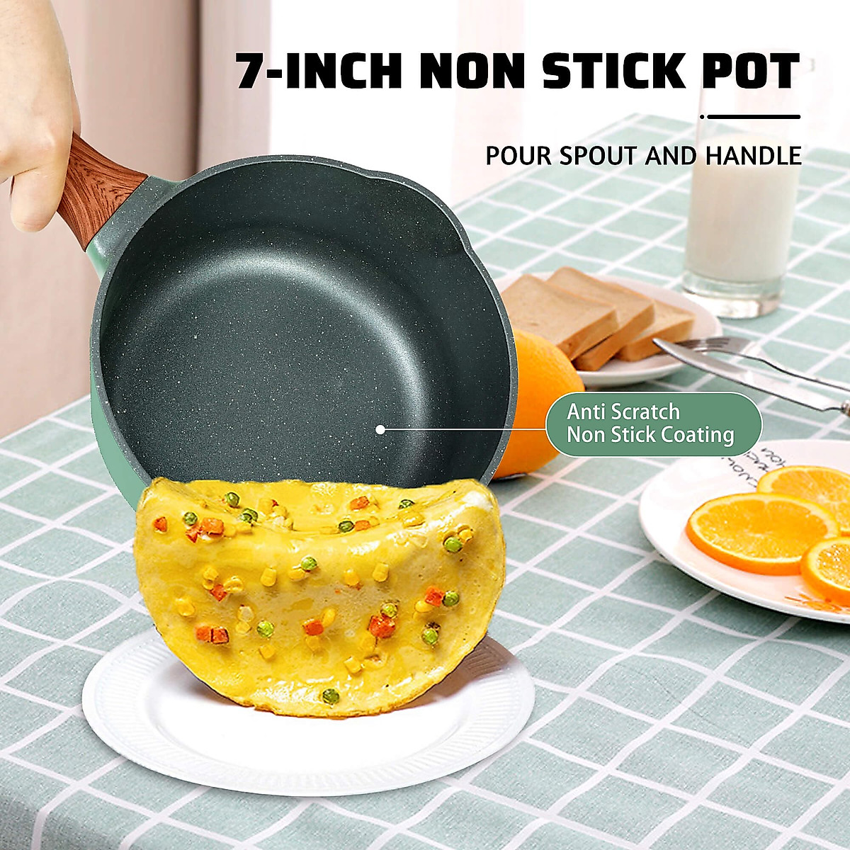 2 Quart Sauce Pan with Lid, Non Stick Saucepan Pot for Cooking with Pour Spout and Handle for Stove,Induction,Gas,Non Toxic,PFOA Free (Granite, green)