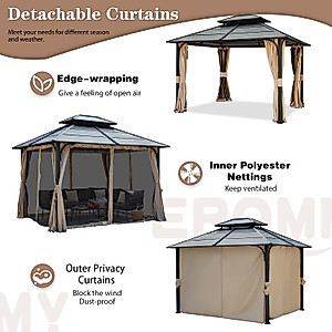 EROMMY 10'x12' Metal Gazebo, Outdoor Double Roof with Anti-Rust Coating Frames, Permanent Hardtop Canopy Gazebos with Netting and Curtains for Patio, Backyard, Deck,Lawns, and Poolside
