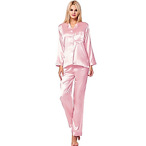 SWOMOG Long Sleeve Pajamas Set Silk Satin Sleepwear Button Down Pjs Loungewear with Pocket Light Pink Medium