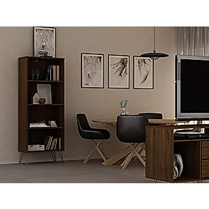 Manhattan Comfort Rockefeller Mid Century Modern 4 Shelves Home Office Bookcase with Metal Legs, 21.26", Brown