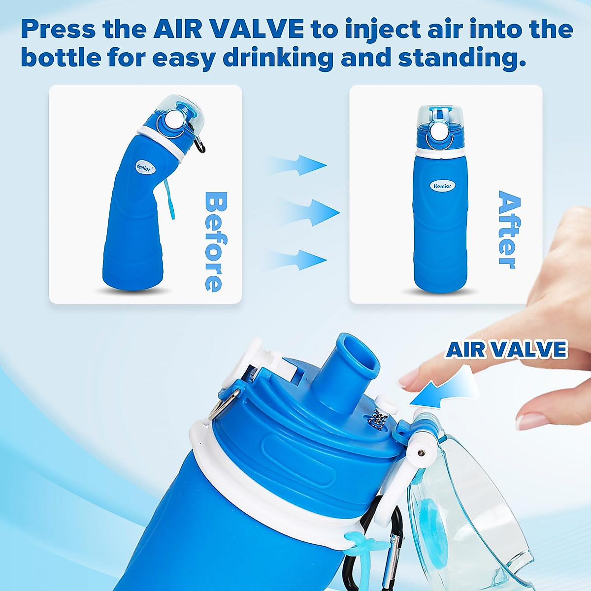 Kemier Collapsible Silicone Water Bottles-750ML,Medical Grade,BPA Free.Can Roll Up,26oz,Leak Proof Foldable Sports & Outdoor Water Bottles (Blue)
