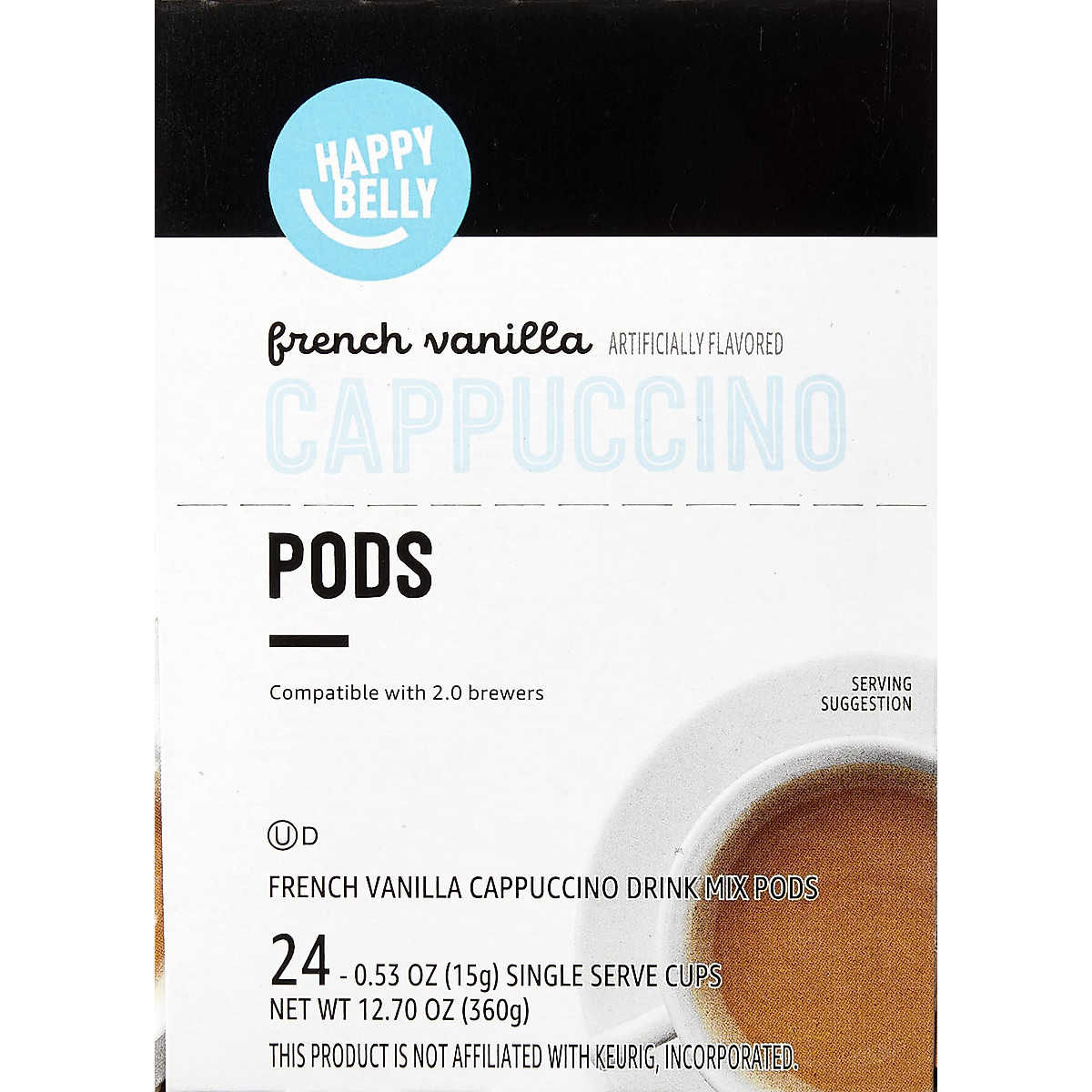Amazon Brand - Happy Belly Cappuccino Coffee Pods Compatible with 2.0 K-Cup Brewers, French Vanilla Flavored, 24 Count