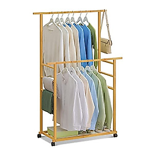 MoNiBloom Double Rod Clothing Garment Rack with Bottom Shelves, Bamboo Clothes Rack on Wheels Rolling Clothing Rack with Pants Rack Hanging Clothes, Natural