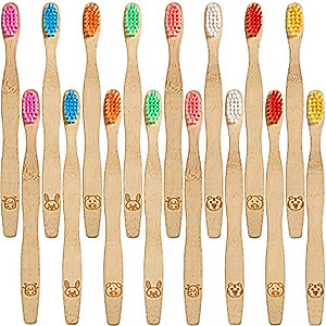 16 Pcs Kids Bamboo Toothbrush Soft Bristle Natural Toothbrush Wooden Toothbrushes Kids Toothbrush with Colorful Bristles and Ergonomic Animal Designs Handles for Kids